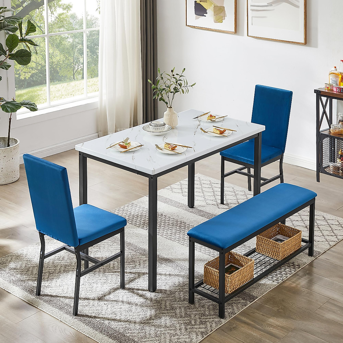 YOFE Dining Table Set for 4,Faux Marble Kitchen Table,Velvet Chairs and Bench with Storage Net,Kitchen Table Chairs Set for Dining Room,Small Apartment (Blue 1+3)