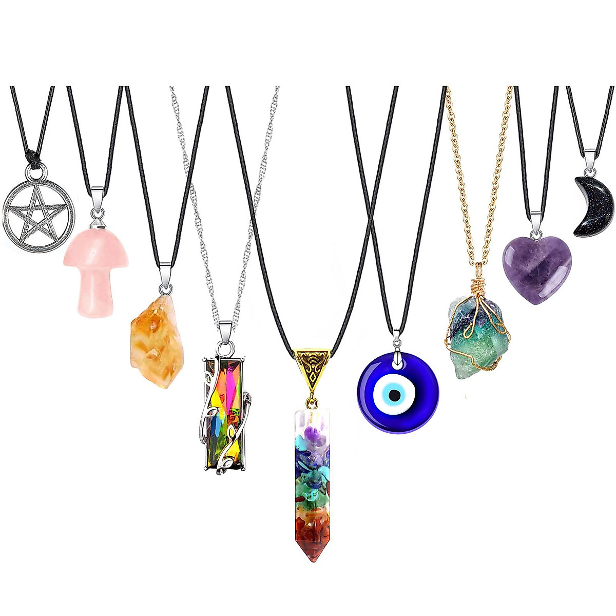 MJartoria Moon Pentagram Necklace Pentacle Crystal Chakra Necklace Charm Pendant Multi Layered Alloy Chain Choker Necklaces Set Gothic Jewelry 9PCS