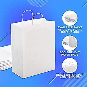 White Kraft Paper Bags with Handles Bulk - Gift Bags Medium Size for Paper Shopping Bags, Party Bags, and Bags for Small Business (8"x4.75"x10" - White Gift Bags Bulk Medium Size 25 Bags)