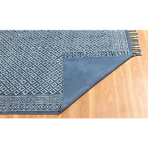 Indigo Blue Rug for Bathroom Handmade Cotton Durries Boho Kilim Rug Flat Weave Indoor Floor Decorative Rugs for Balcony Lounge Floor Bedroom Balcony