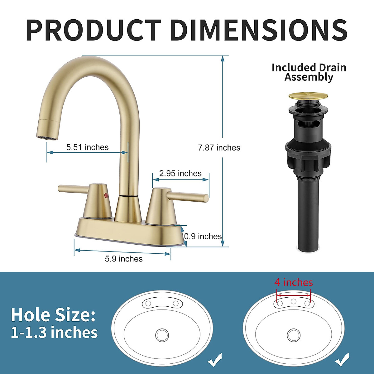 TONNY Gold Bathroom Faucet, 4-Inch Centerset Bathroom Faucet, 2 Handle Bathroom Sink Faucet with Water Supply Lines and Pop Up Drain Bathroom Faucets Brushed Gold