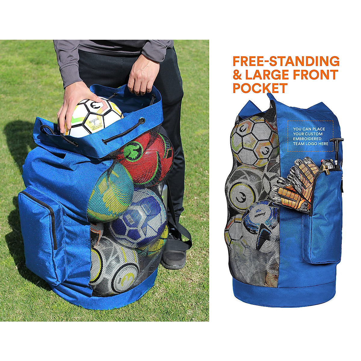 Fitdom Heavy Duty XL Soccer Mesh Equipment Ball Bag w/Adjustable Shoulder Strap Design for Coach. with an Over-Sized Front Pocket for Sporting Accessories. Best for All Outdoor & Water Gears