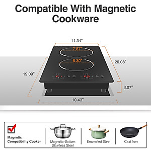 GIHETKUT Double Induction Cooktop, 110V Electric Cooktop 2300W Electric Stove Top with 2 Burner Independent Control, Ultrathin Body, 9 Temperature, Multiple Power Levels, 2 Hour Timer, Safety Lock