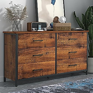 IKENO 6 Drawer Double Dresser, Industrial Wood Storage Dresser Clothes Organizer with Sturdy Steel Frame, Storage Dresser for Bedroom