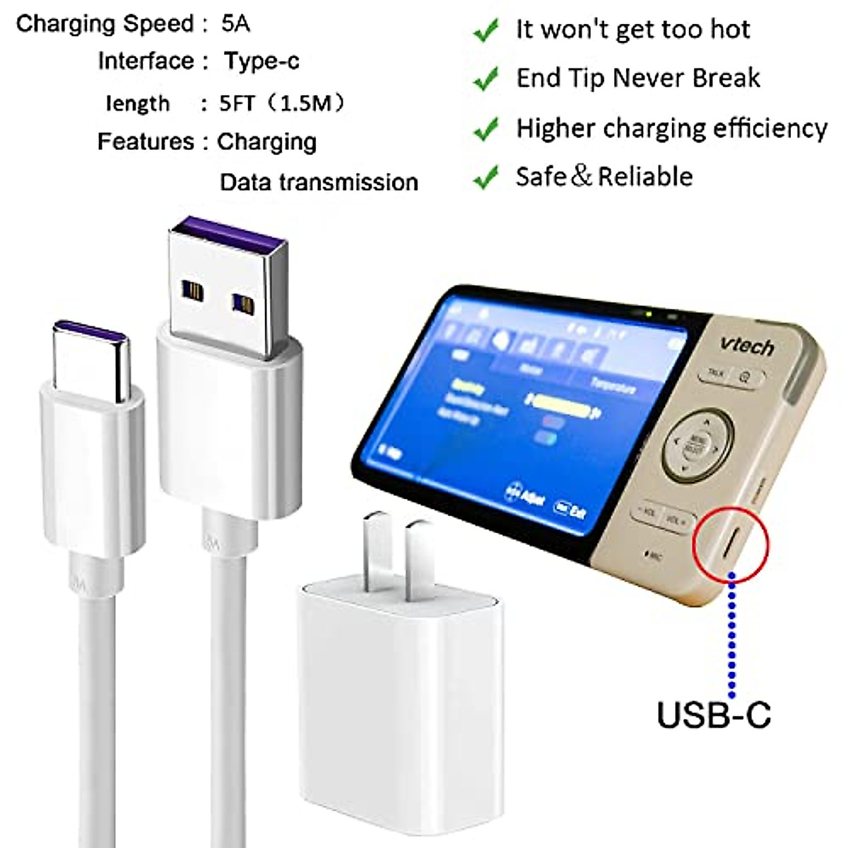 5V AC Power Adapter Charger and 5ft USB Charging Cord Cable Compatible with Vtech RM5754/HD/2HD, VTech RM5764/HD/2HD, VTech RM5864/HD/2HD, VTech RM7754/HD/2HD, VTech RM7764/HD/2HD Video Baby Monitor