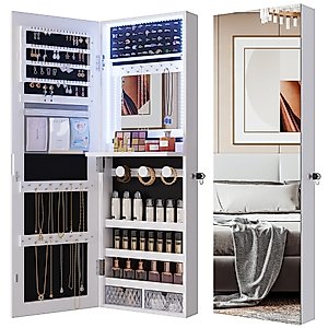FREDEES LED Jewelry Mirror Cabinet with 42.52" Tall Door Mirror,Lockable Wall Mounted Jewelry Organizer, Full Length Mirror Jewelry Cabinet,2 Small Storage Boxes (White)