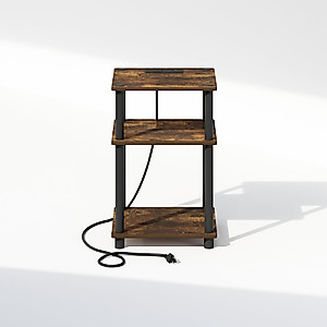 Furinno Just 3-Tier Turn-N-Tube Open Storage Nighstand, Bedside Table with USB and Type-C Charging Station, Amber Pine/Black