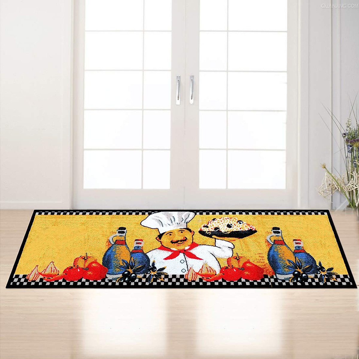 FAMIFIRST Kitchen Rug 2 Piece Non Slip Kitchen Mat Latex Backing Door Mat Floor Mat Kitchen Decor Set, 16''x47''+16''x23'', Noodle Chef