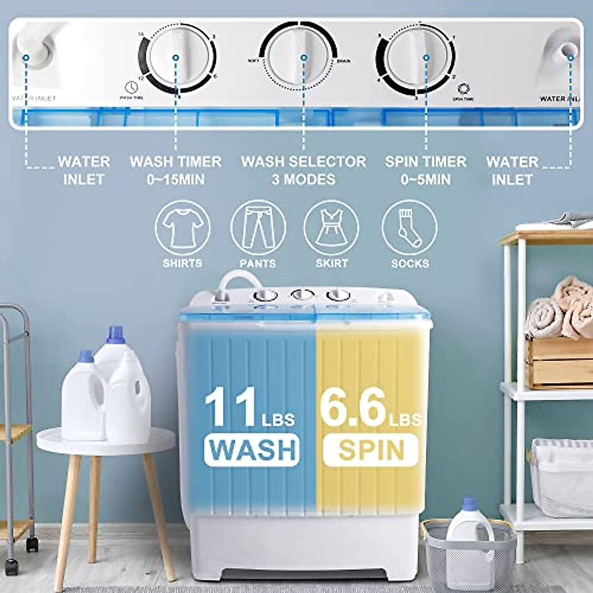 SUPER DEAL 2IN1 Portable Washing Machine 17.6lbs Mini Twin Tub Compact Laundry Washer Spinner Cycle Combo for Apartment, Camping, Dorms and RV, Timer Control, Gravity Drain and Inlet Water Hose