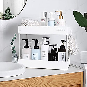 C&AHOME Under Sink Organizers, 2-Tier Kitchen Bathroom Storage Cabinet with Hooks, Counter top Storage Rack, Cabinet Organizer Baskets, Multipurpose Storage Shelf Ideal for Kitchen, Bathroom, White