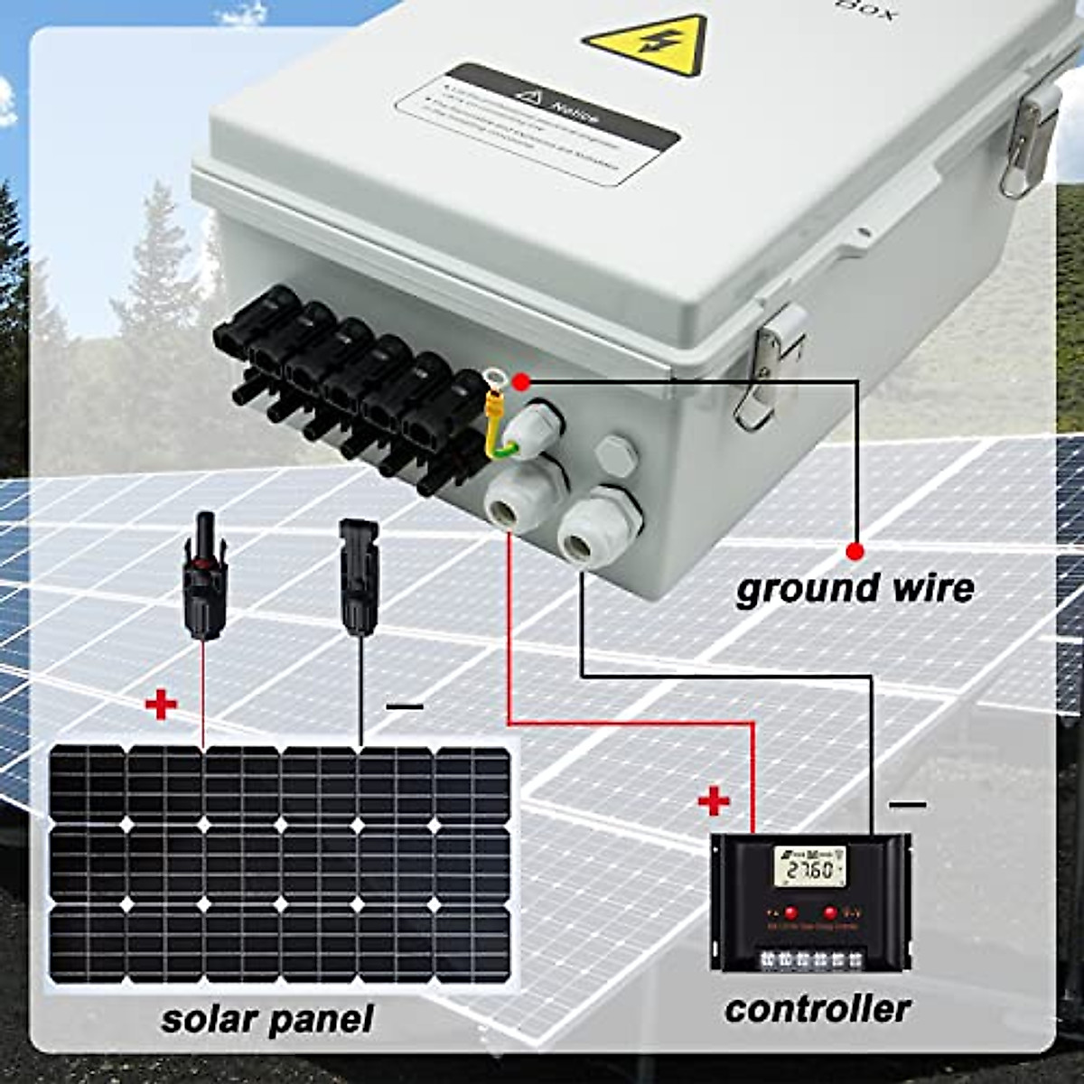 YUUCOO New Upgraded 6 String PV Combiner Box for On/Off Grid Solar Panel System, Solar Combiner Box with 15A Rated Current Fuse, 63A Air Circuit Breaker, Surge Protective Device