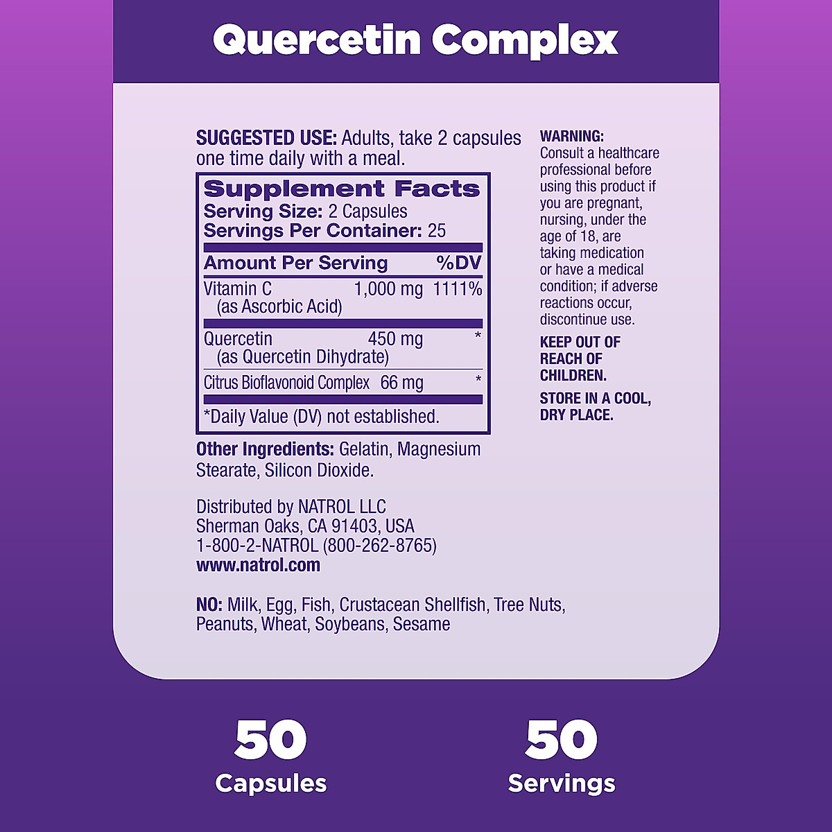 Natrol Quercetin Complex, Dietary Supplement for Immune Health, Quercetin Supplements with Vitamin C and Citrus Bioflavonoids, 50 Capsules, Up to a 25 Day Supply