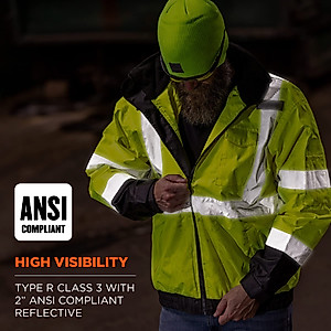High Visibility Reflective Winter Bomber Jacket, Zip Out Fleece Liner, ANSI Compliant, Ergodyne GloWear 8379, Lime, Large