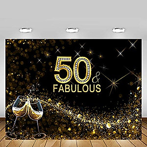 MEHOFOTO Glitter Gold and Black 50 and Fabulous Photo Studio Booth Background Wine Glass Bokeh Shiny Adult Happy 50th Birthday Party Decoration Banner Backdrops for Photography 7x5ft