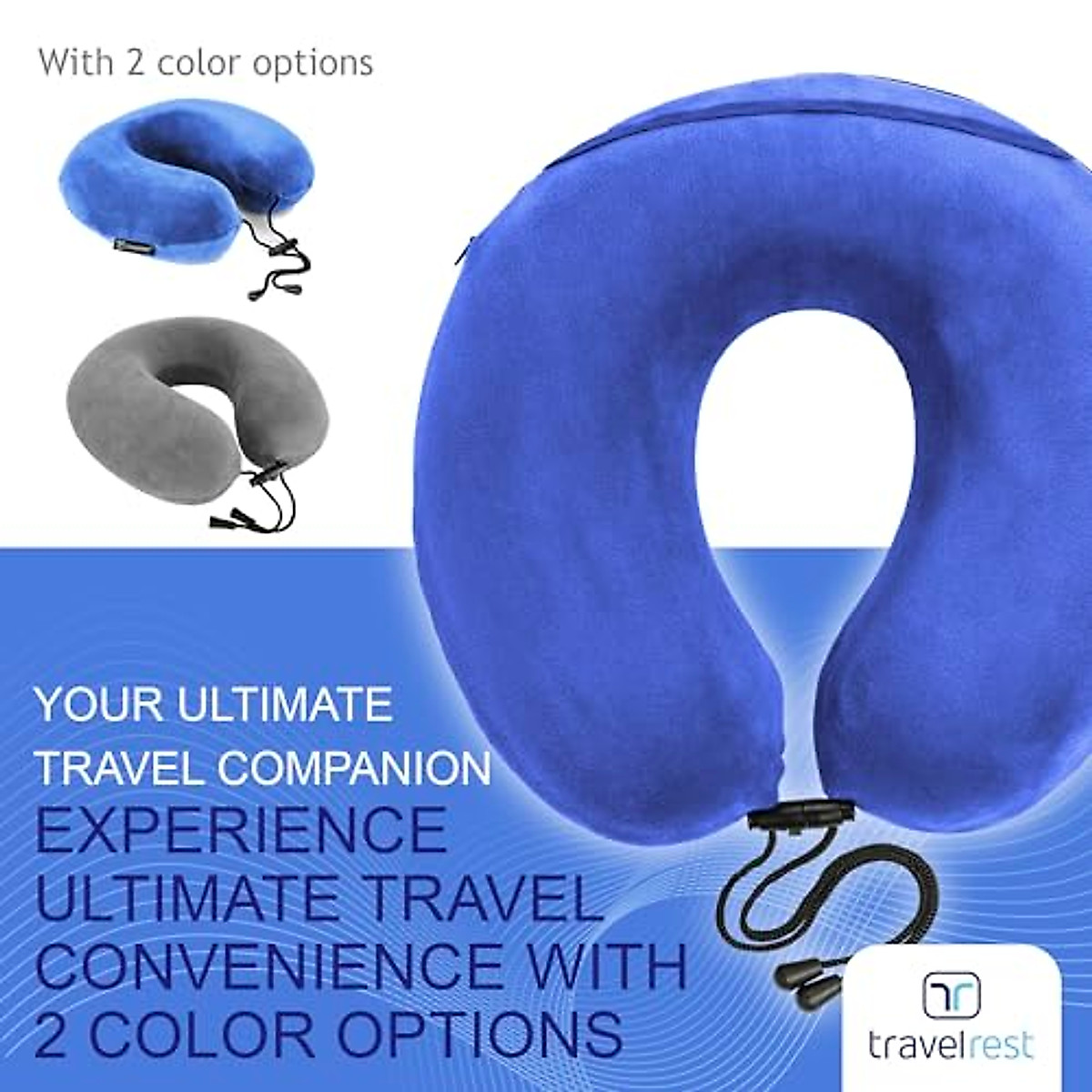 TRAVELREST - Travel & Neck Pillow, Therapeutic Memory Foam, Washable Micro-Fiber Cover, Soft and Comfortable - Head Support for Long Flights, Compact and Ergonommic Design, Attaches to Luggage - Blue