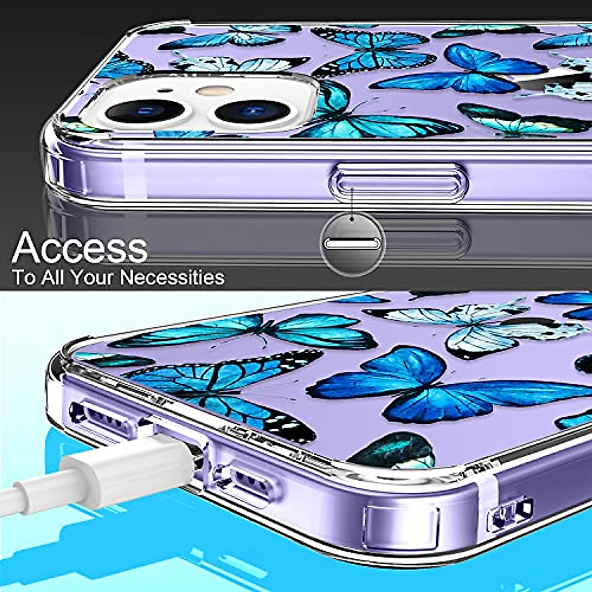 LUHOURI iPhone 12 Case, iPhone 12 Pro Case with Screen Protector, Clear Fashion Design Cover for Women Girls, Slim Fit Protective Phone Case for iPhone 12/12 Pro 6.1" Blue Butterflies Flower