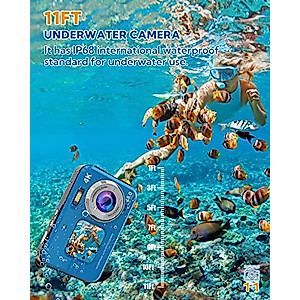 Underwater Camera, 4K 48MP Autofocus Waterproof Digital Camera with Selfie HD Dual Screens, 11FT 16X Digital Zoom Waterproof Camera with 64GB Card, Fill Light Underwater Camera for Snorkeling