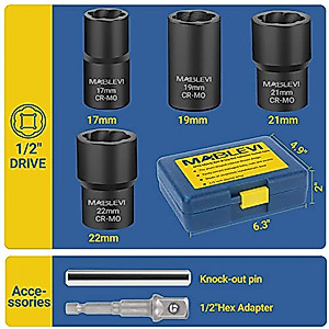 MABLEVI Bolt Nut Extractor Set with Center Punch Bar, 6PCS 1/2" Drive Impact Lug Nut Remover Socket Tool, Wheel Lock Removal Kit for Damaged, Frozen, Studs, Rusted, Rounded-Off Bolts, Nuts & Screws