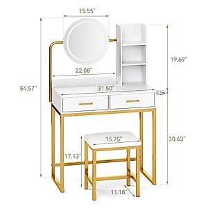 Dowinx Vanity Desk with LED Lighted Mirror & Power Outlet, White Vanity Desk with Adjustable 3 Lighting Modes, Small Vanity Desk for Bedroom, Makeup Vanity with Chair for Girl, Gold and White