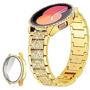 Compatible with 20mm Samsung Galaxy Watch 5/ Watch 4 +40mm Diamond Case, Fashion Bling Diamond Band for Women, Glitter Cute Metal Bracelet, Slim Luxury Band for Watch 5/ Watch 4 -Gold