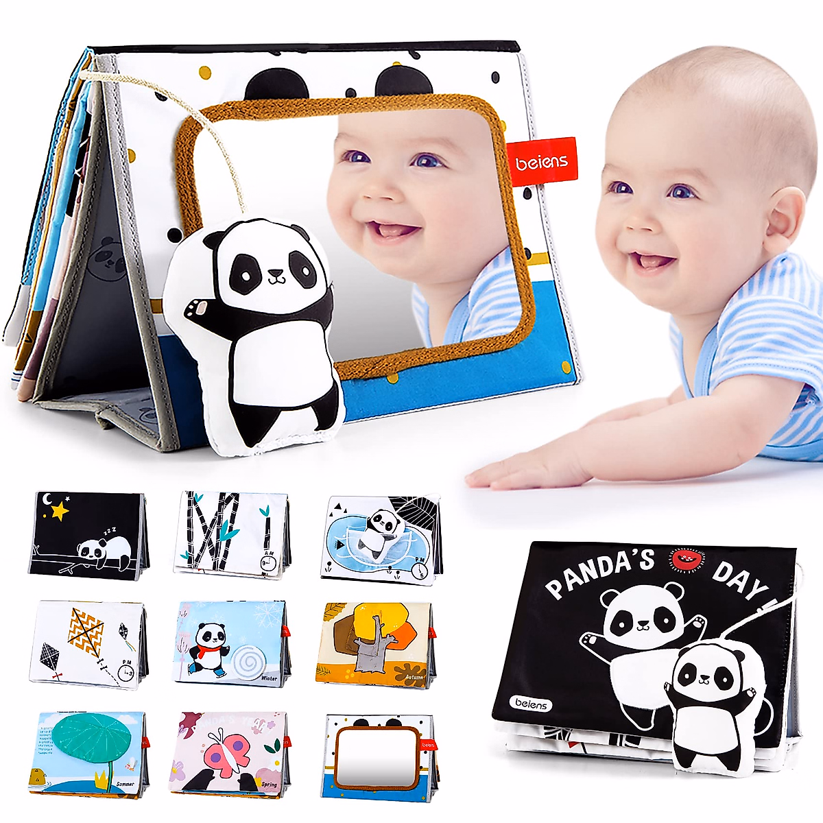 beiens Tummy Time Toys, Soft Crinkle Cloth Books 0-6-12 Months, Fun High Contrast Baby Black and White Toys, Safe Montessori Early Educational Stimulation Toys and Gifts for Newborn Infants Toddlers