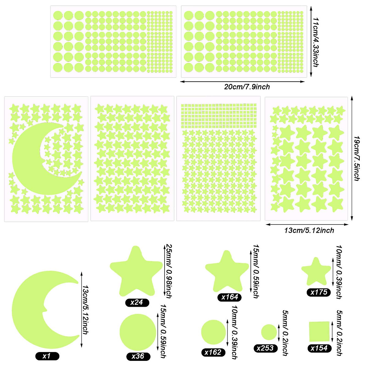 969 Pieces Glow in The Dark Stars Stickers Moon Stars and Dots Wall Stickers Starry Ceiling and Adhesive Wall Decals for Kids Bedroom Decals Party Decoration, Green