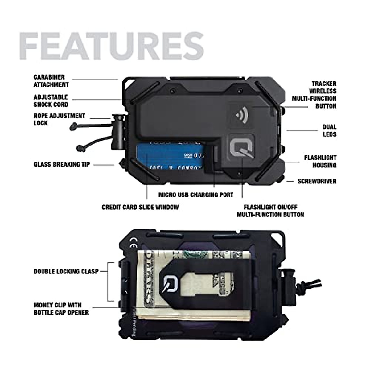 QUIQLITE TAQTracker, Slim Bluetooth Tracking Locator Wallet with Rechargeable LED Flashlight, Safety Strobe and Multi-Tool- Blue/Black