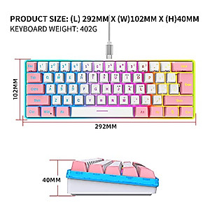 Snpurdiri 60% Wired Gaming Keyboard, True RGB Backlit Ultra-Compact Mini 61 Keys Keyboard for PC/Mac Gamer, Typist, Travel, Easy to Carry on Business Trip(Pink-White)