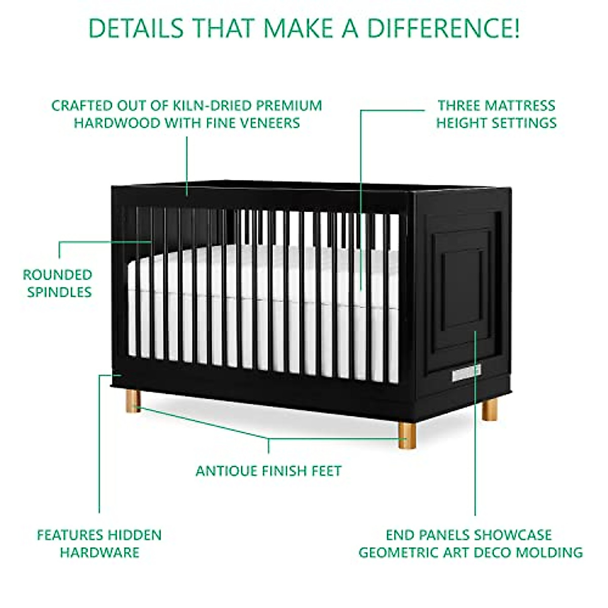 Evolur Loft Art Deco 3-In-1 Convertible Crib In Black, Greenguard Gold Certified, 3 Mattress Height Settings, Features Rounded Spindles, Converts To Toddler Bed & Daybed