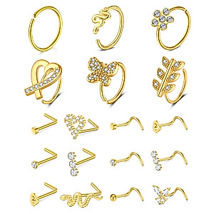 D.Bella 20G Nose Rings for Women Stainless Steel Nose Ring 20 Gauge Nose Rings Hoops Studs Flower Heart Diamond L Shaped Nose Studs Nostril Nose Piercing Jewelry for Women Men (1-Style Q)