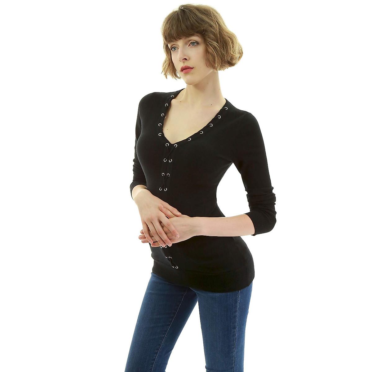 AmélieBoutik Women V Neck Eyelet Trim Long Sleeve Sweater (Black Medium)