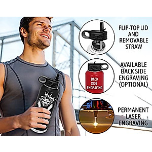 Personalized Water Bottles with Flip-Top Lid and Straw, Customized Engraved Insulated Flask, Custom Stainless Steel Sports Thermos 20 oz., 32 oz., 40 oz (Black)