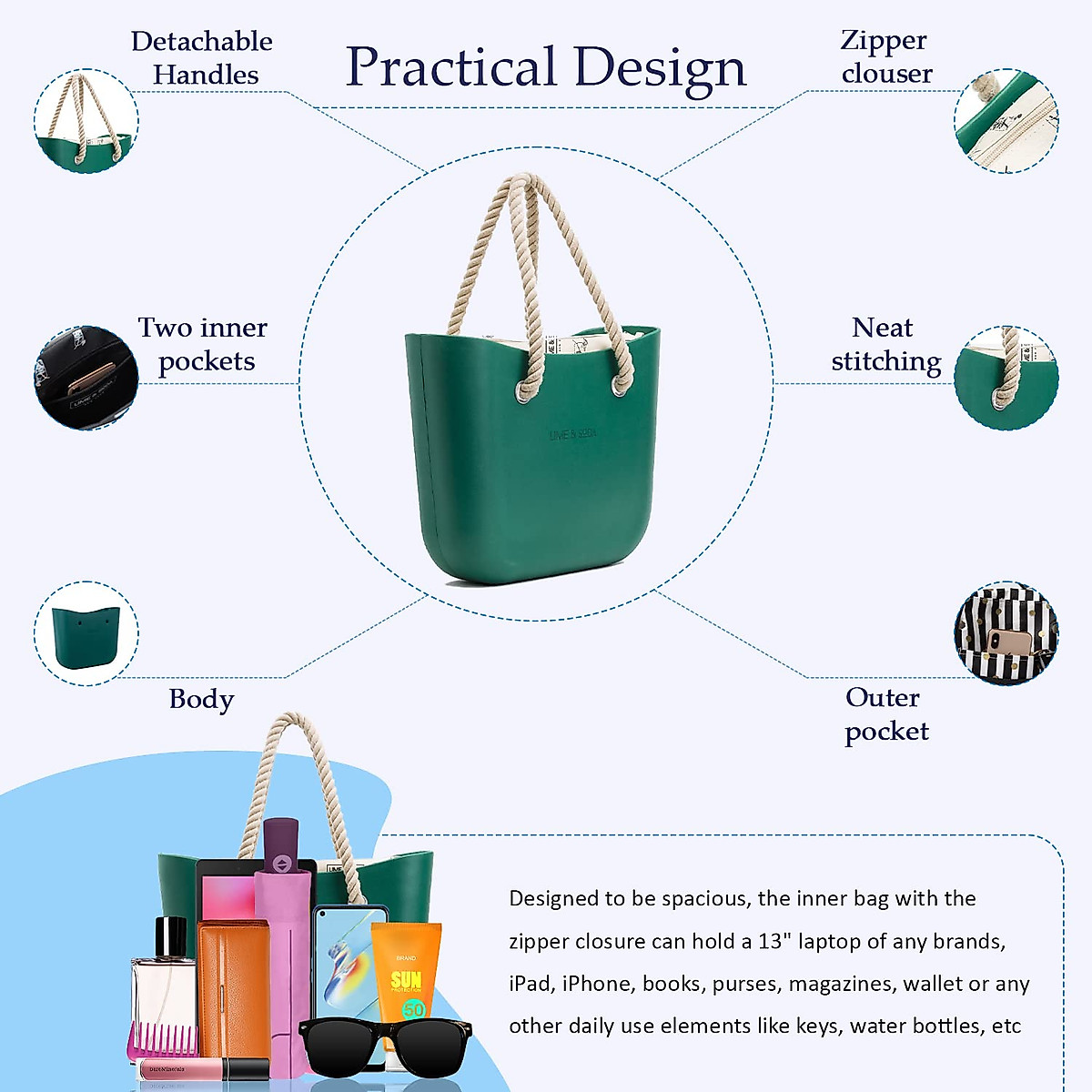 Lime & Soda Women’s Handbag - Made of Foam Rubber - EVA bag with Rope Handles - Women Lightweight Tote Bag (Acqua1)