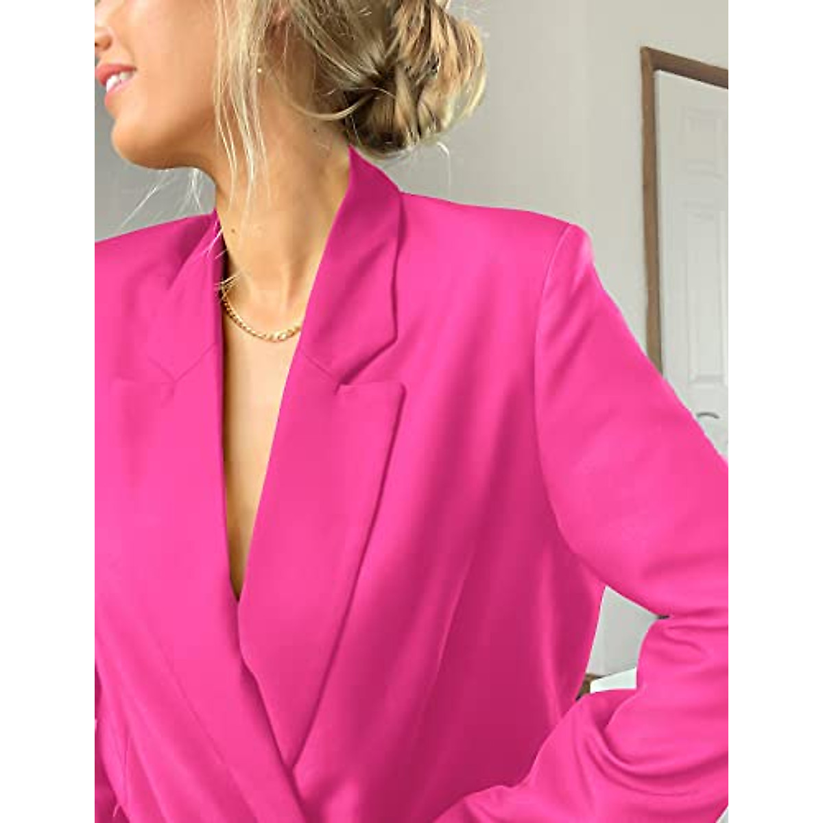 EXTRO&VERT Women Blazer Oversized Long Sleeve Lapel Button Boyfriend Casual Office Suit Jacket Hot Pink