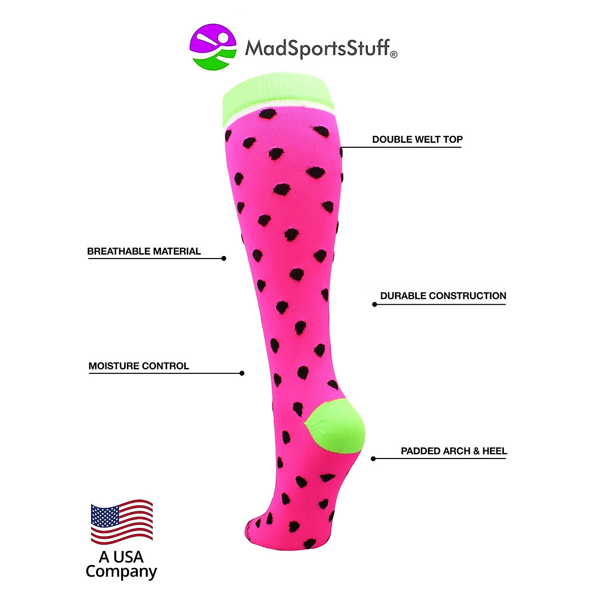 MadSportsStuff Neon Watermelon Over The Calf Socks (Neon Pink/Neon Green, Small)