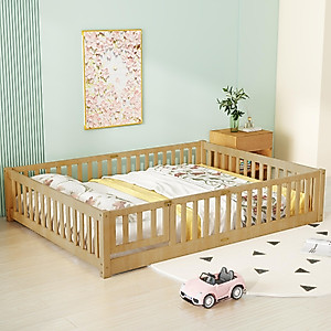 Bellemave Queen Size Floor Bed with Door,Kids Montessori Floor Bed with Slats and Fence,Solid Wood Queen Bed Frame for Girls Boys(Queen,Natural)