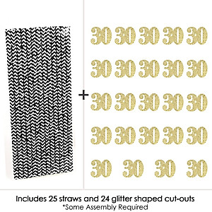 Gold Glitter 30 Party Straws - No-Mess Real Gold Glitter Cut-Out Numbers & Decorative 30th Birthday Party Paper Straws - Set of 24