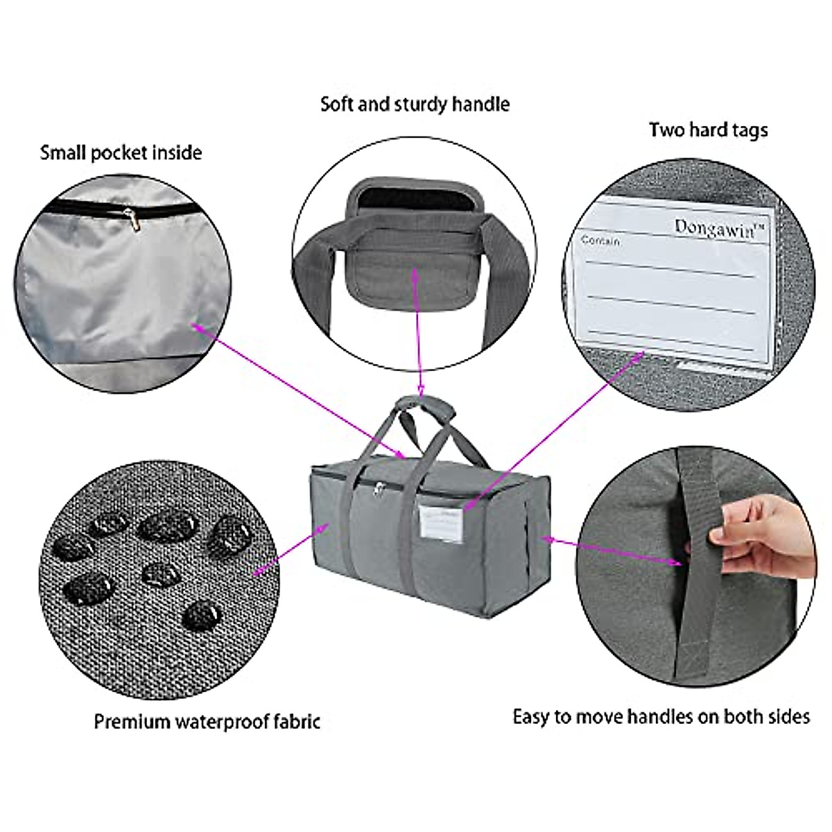 Dongawin Heavy-duty oversized storage bags, moving bag, tote bag for travel, luggage bags, camping, Christmas decoration storage., Gray, One Size