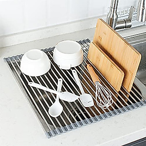 COOK WITH COLOR Roll Up Dish Rack- Over The Sink Mat for Drying Dishes - Silicone Wrapped Stainless Steel Rods (15" x 17.5") - Versatile Roll Up Trivet & Dish Drying Rack for Kitchen