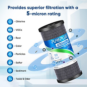 PUREPLUS Coconut Shell Water Filter Cartridge | Activated Carbon Block CTO | Universal Whole House 5 Micron 10 inch Cartridge | Compatible with WFHDC8001, CB-BB-10, EPM, EP-BB, 3Pack