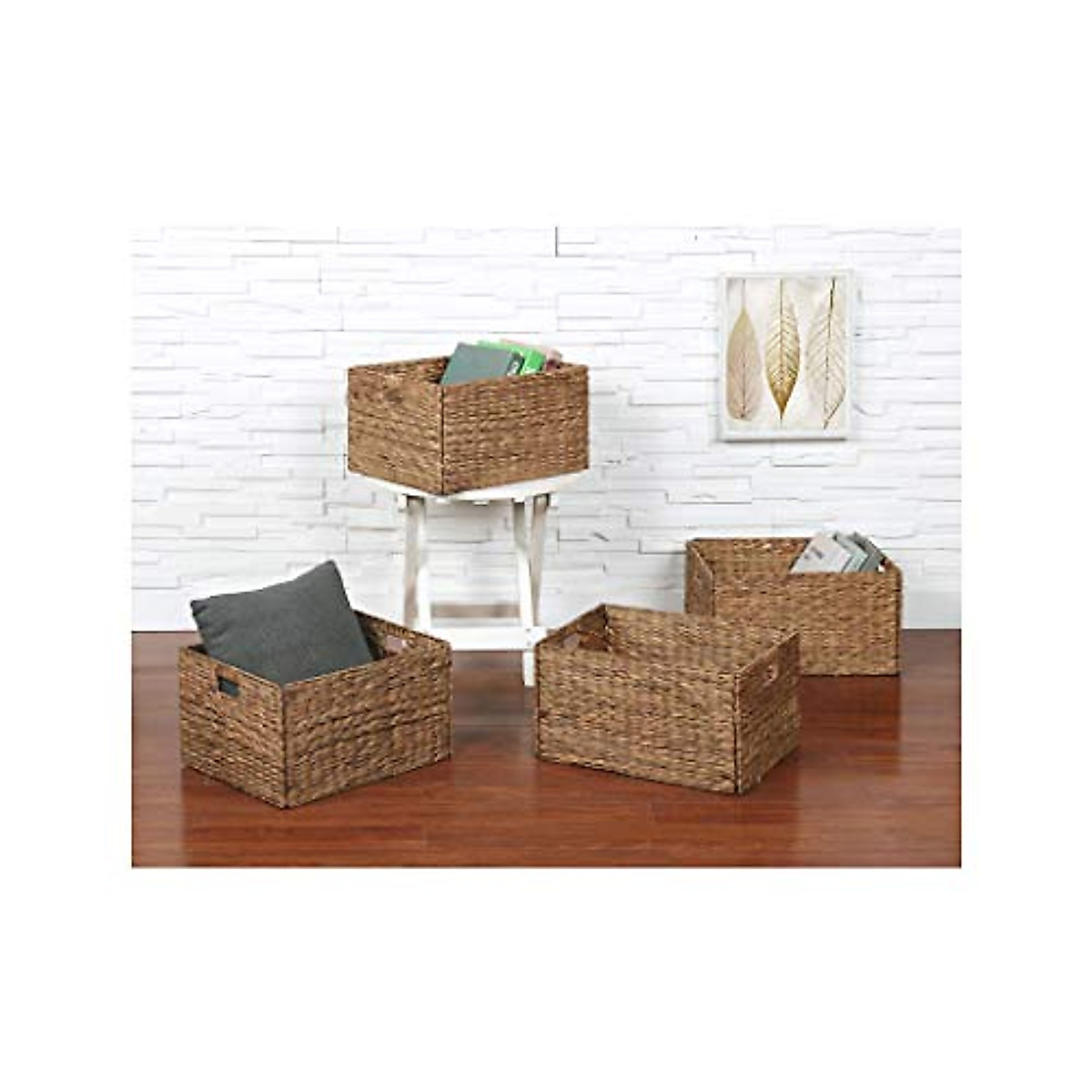 eHemco Rectangular Water Hyacinth Wicker Storage Baskets with Iron Wire Frame, Natural, Set of 4