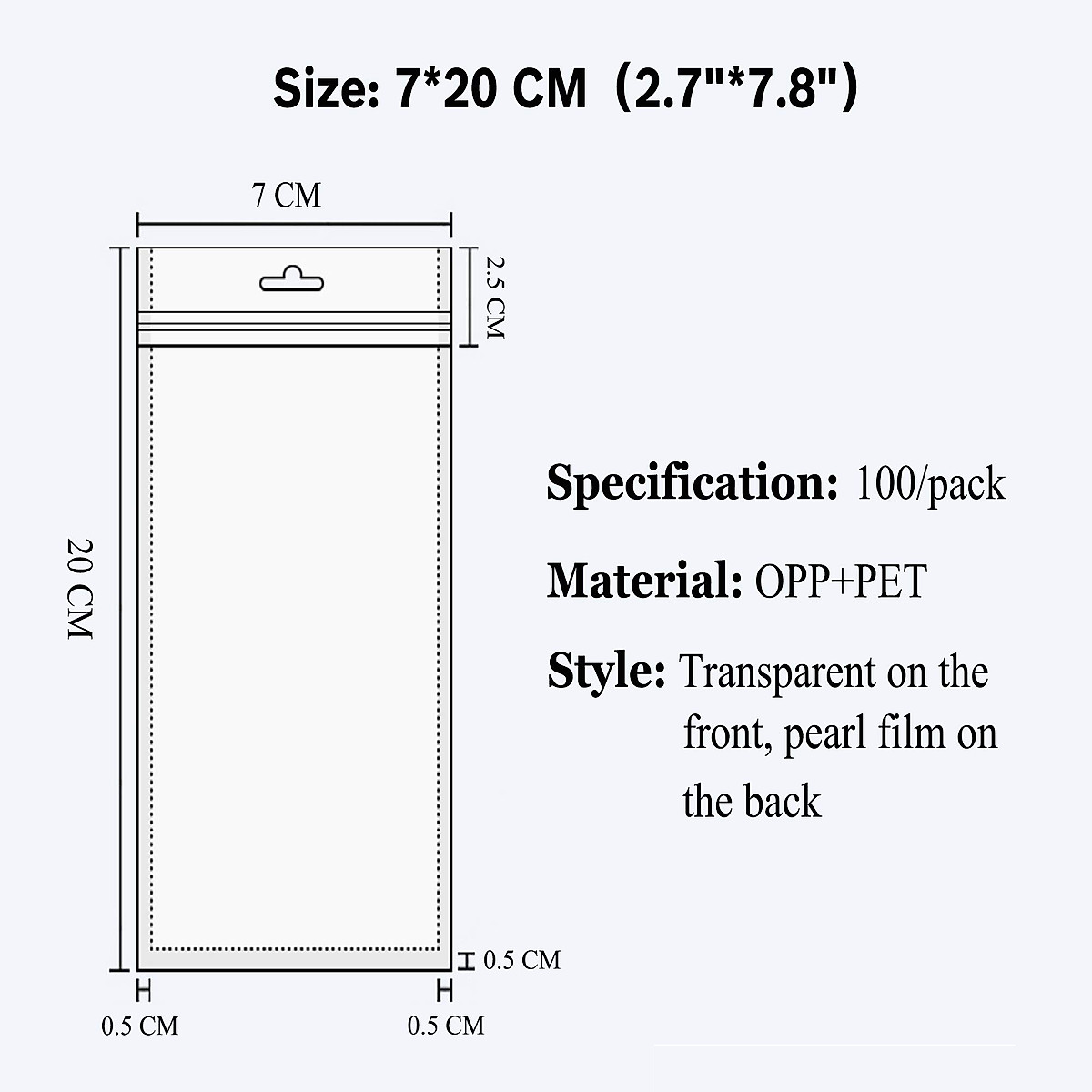 100 Pieces White Front Clear Open Top Plastic Resealable Food Storage Bags,Bags for Candy and Food Packaging,Flat Clear Mylar Ziplock Bags for Coffee Beans Nuts Jewelry (White, 7x20cm/2.7x7.8inch)