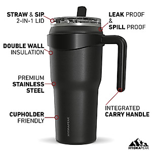 Hydrapeak Roadster 40oz Stainless Steel Tumbler Double Wall Vacuum Insulated Water Bottle With Handle And 2 in 1 Straw Lid (Black)