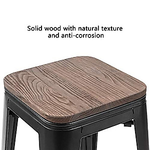 JUMMICO Metal Bar Stools Indoor Outdoor Stackable Modern 24 Inches Metal Counter Height Industrial Barstools with Wooden Seat Set of 4 (Black)