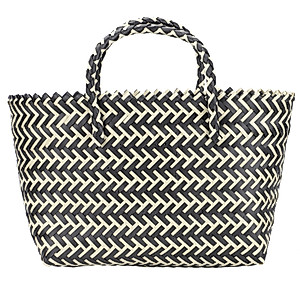 Cabilock Handmade Moroccan Market Basket Large Capacity French Wicker Basket Straw Beach Bag Vegetables Shopping Basket with Handle for Women Shopping Laundry Black