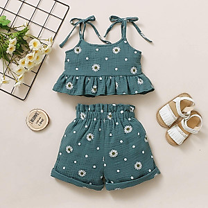 Jeinxcn Toddler Baby Girl Summer Clothes Daisy Floral Print Halter Ruffle Tank Tops Shorts Outfits set 2-3T Green
