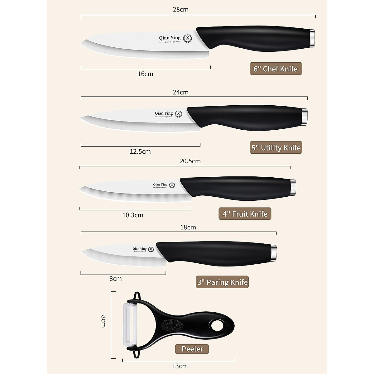 Ceramic Knife Set for Kitchen with Sheath: Sharp Blade Fruit Cutting Knives with Cover Clean Cut Edge Black Handle