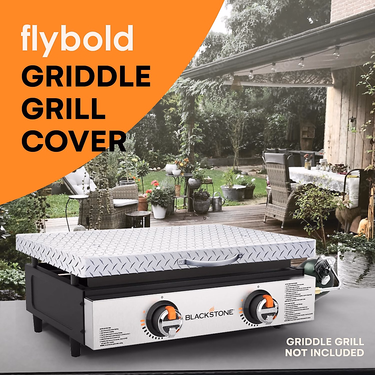 Flybold Blackstone Griddle Cover 22 inch - Waterproof Diamond Plated Design with Aluminum Hard Top Lid & Stainless Steel Handle for BBQ, Camping, Makes for Perfect Blackstone Accessories