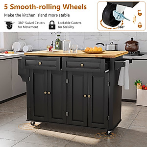 Squireewo Kitchen Cart with Wood Top and Drop Leaf Breakfast Bar, Rolling Mobile Kitchen Island Table on Wheels with Drawer and Storage Cabinet, Spice Rack, Towel Rack, Black