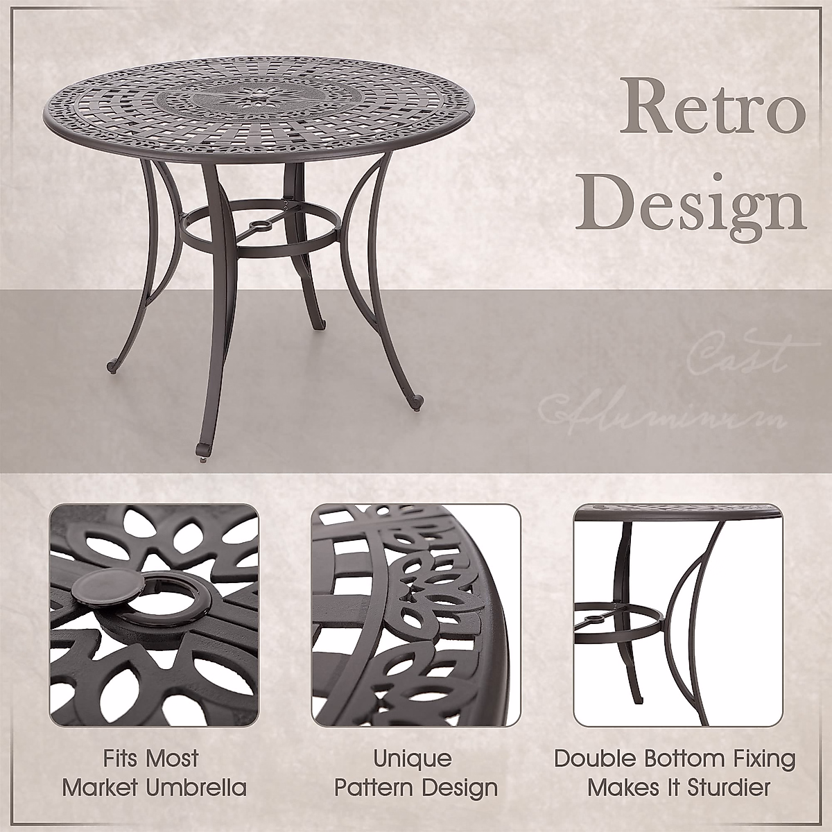 MFSTUDIO Cast Aluminum Bar Height Patio Dining Set of 7, Aluminum 54" Round Bar Height Table with Umbrella Hole and 6 Pieces Bar Height Swivel Stool, Brown